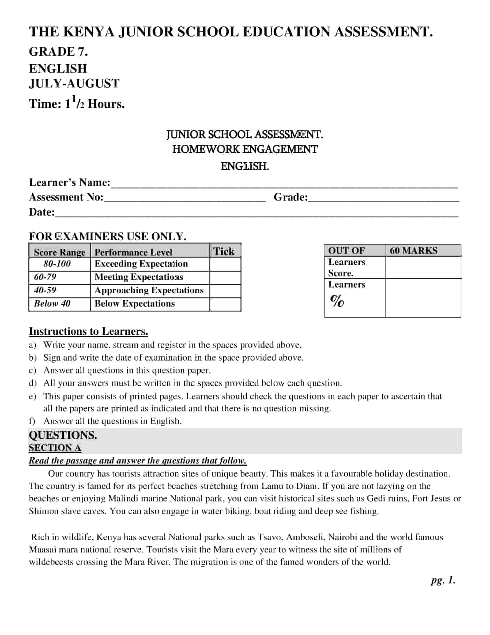 Grade 7 English July-August Holiday Assignments - Elimplex