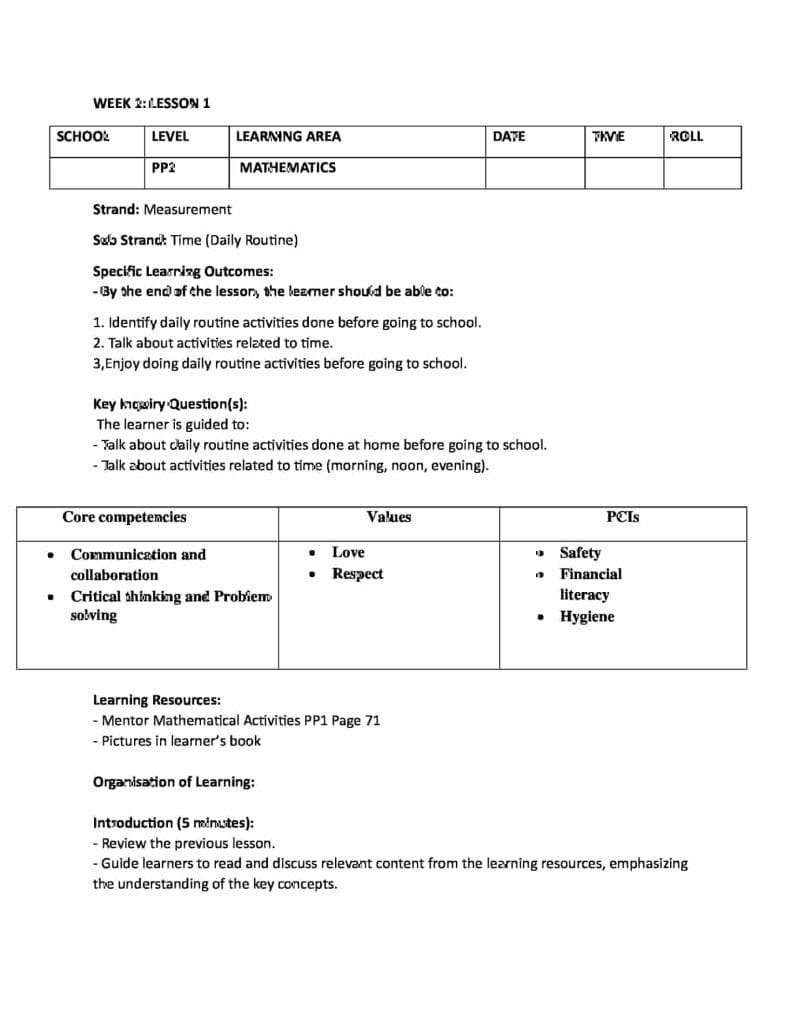 PP1 Mathematics Activities Lesson Plans for Term 3 - Elimplex