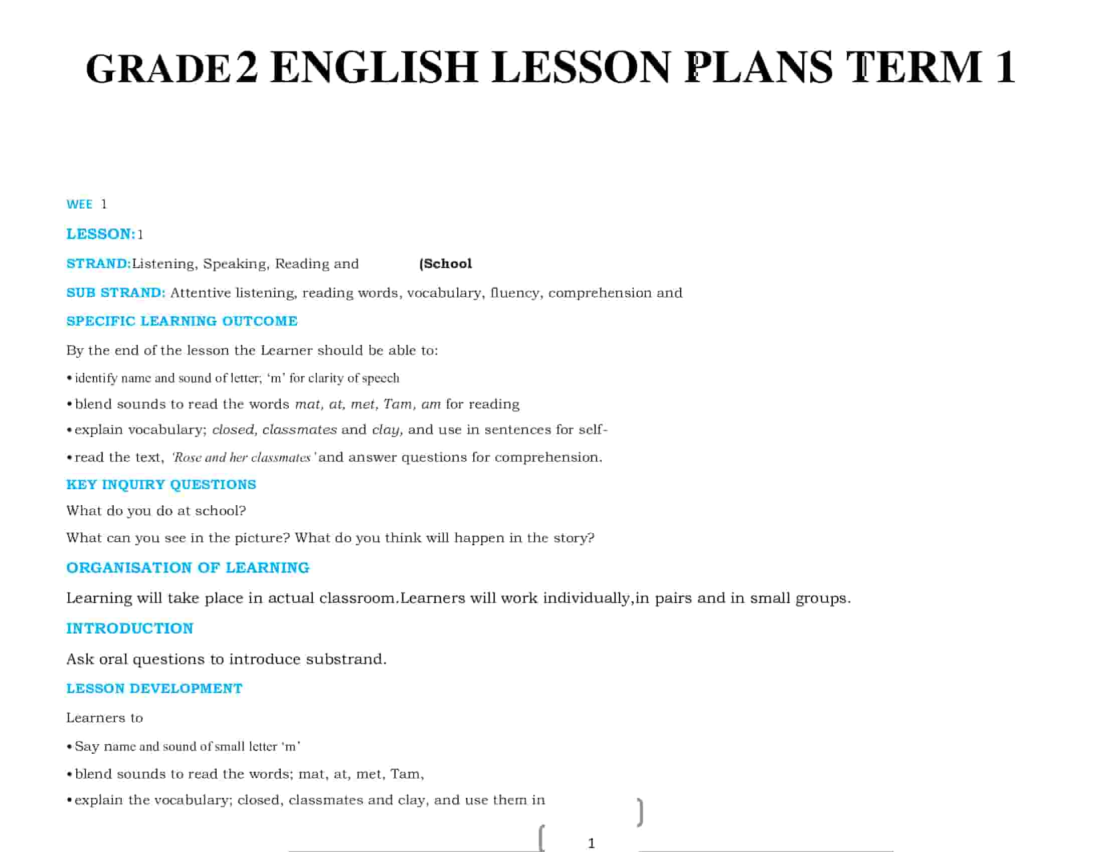 Grade 2 English Lesson Plans Term 1 - Elimplex