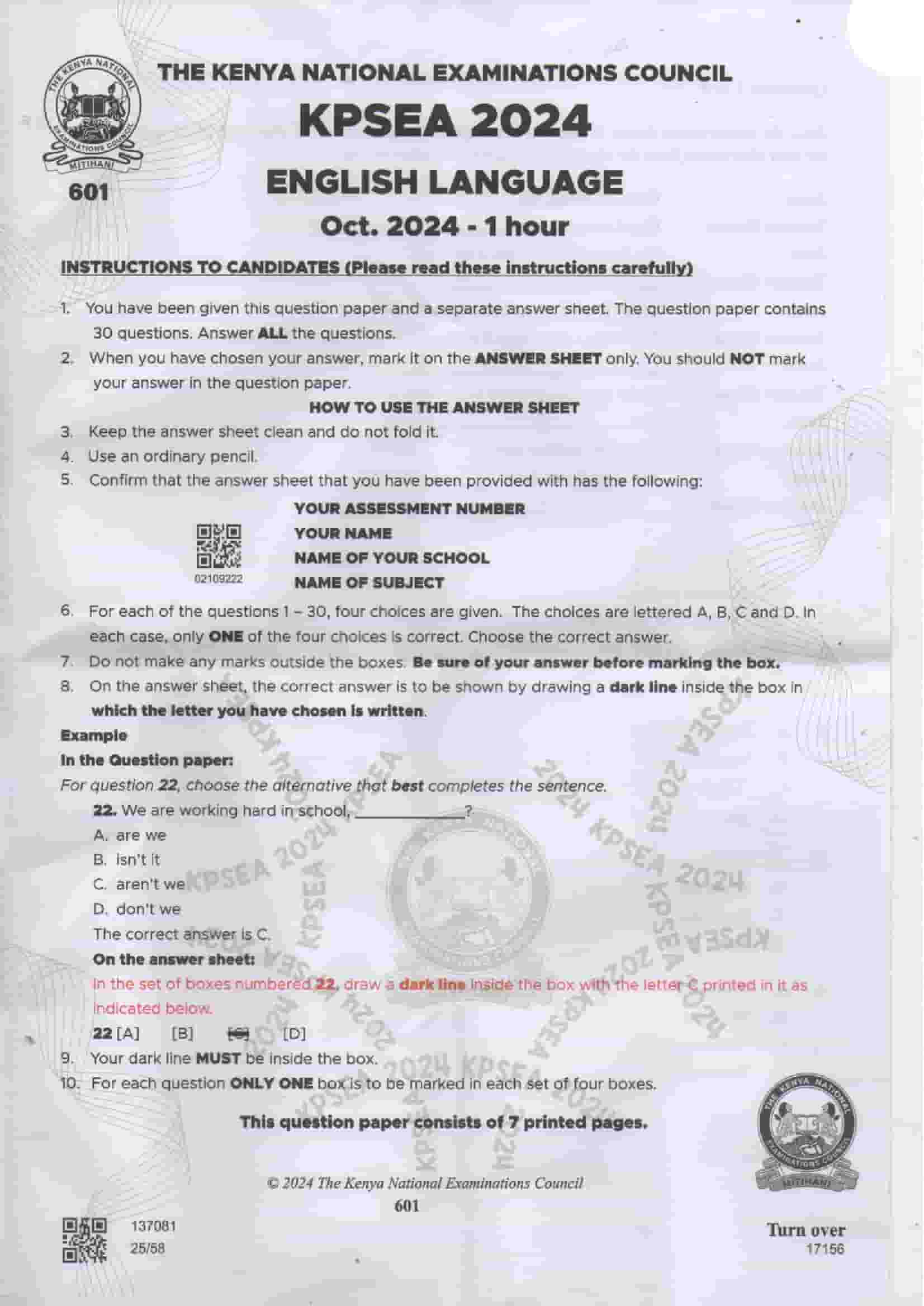 KPSEA 2024 English past paper - Elimplex