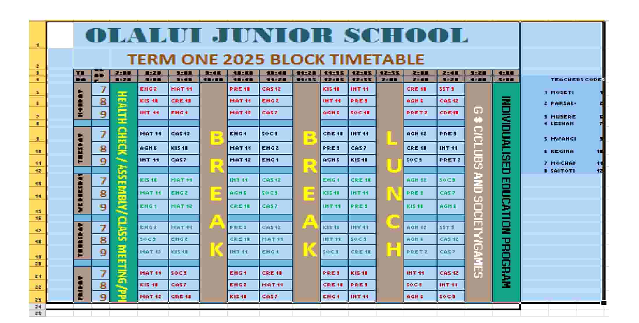 Junior secondary school class timetable template for Grades 7|8|9 - Elimplex