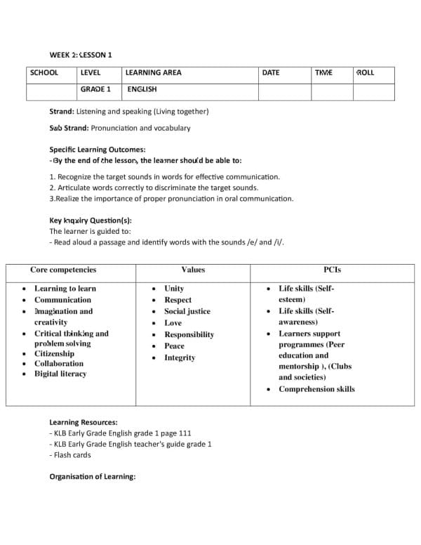 Grade 1 English Lesson Plans for Term 3 - Elimplex