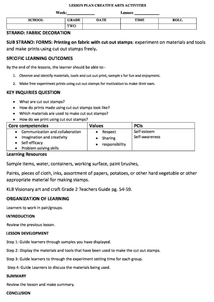 Grade 2 Art and Craft Fabric Decoration Lesson Plans - Elimplex