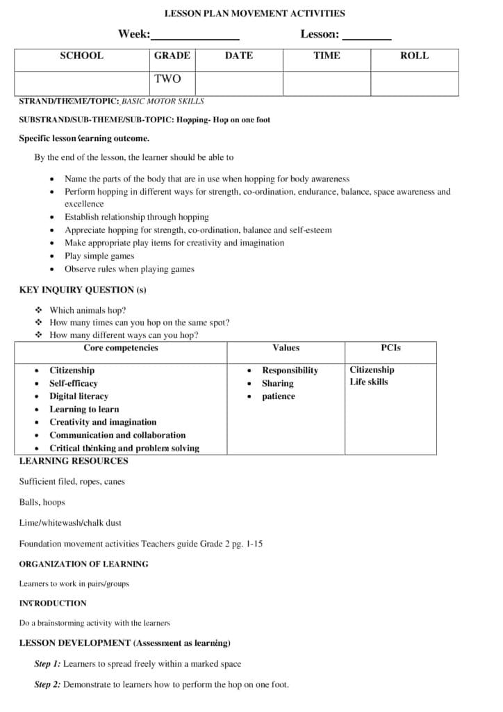 Grade 2 Movement Activities Basic Motor Skills Lesson Plans - Elimplex