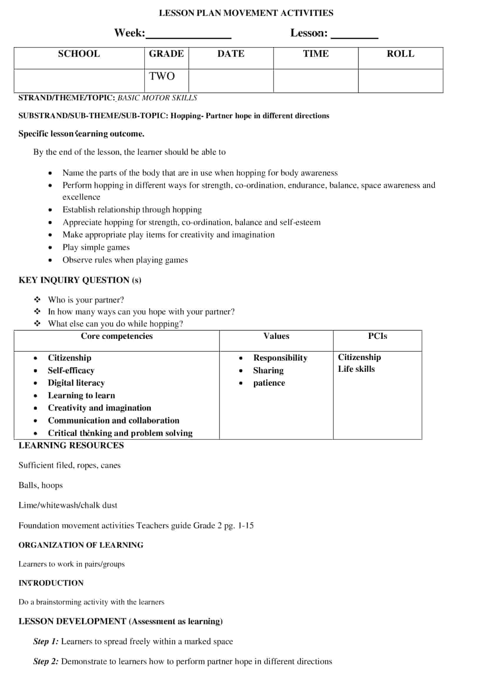 Grade 2 Movement Activities Basic Motor Skills Lesson Plans - Elimuplex