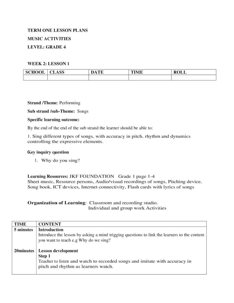 Grade 4 JKF Music Activities Lesson Plans Term 1 Week 2-6 - Elimplex