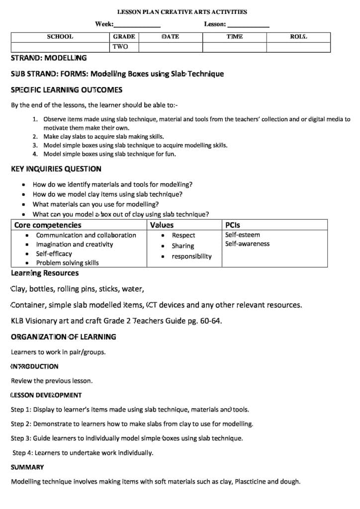Grade 2 Art and Craft Modelling Lesson Plans - Elimplex