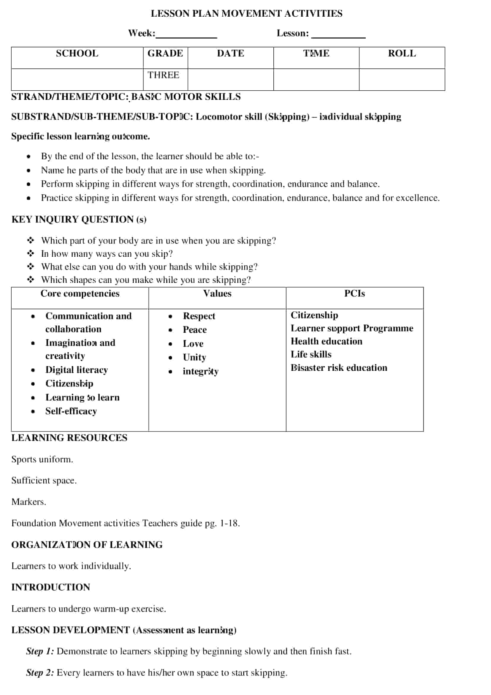 Grade 2 Music Activities Basic Motor Skills Lesson Plans - Elimplex
