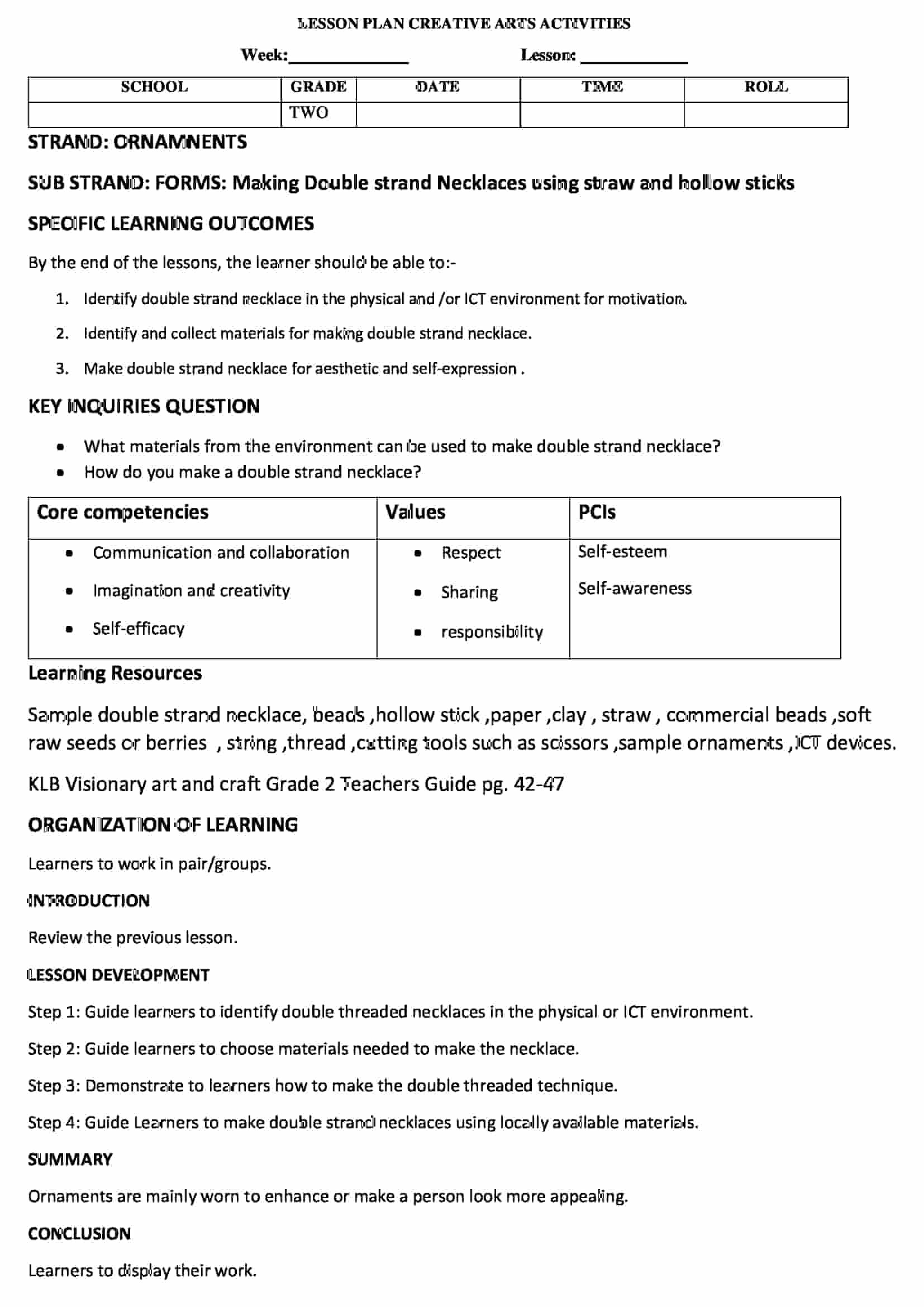 Grade 2 Art and Craft Ornaments Lesson Plans - Elimplex
