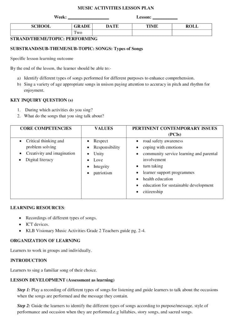 Grade 2 Music Activities Performing Lesson Plans - Elimplex