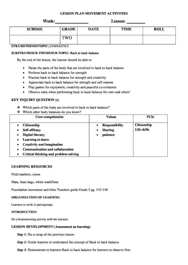 Grade 2 Movement Gymnastics Lesson Plans - Elimplex