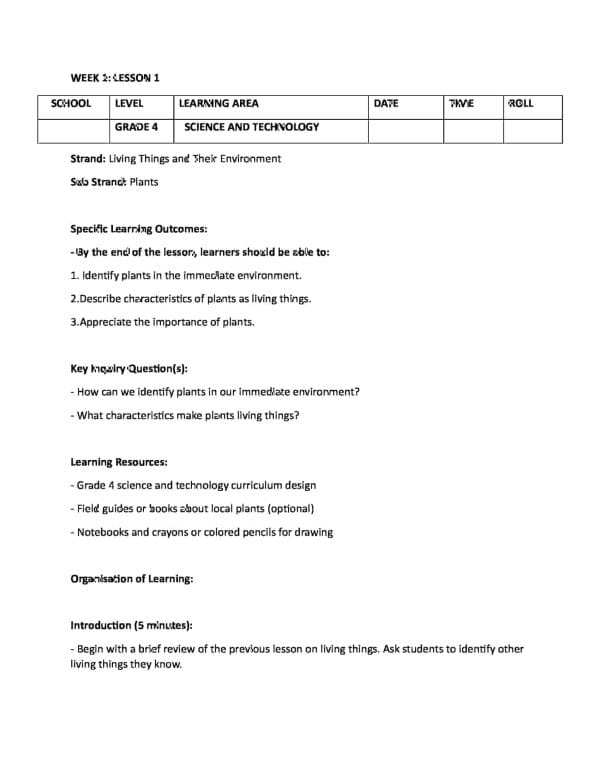 Grade 4 Rationalized Science and Technology Lesson Plans Term 1 - Elimplex