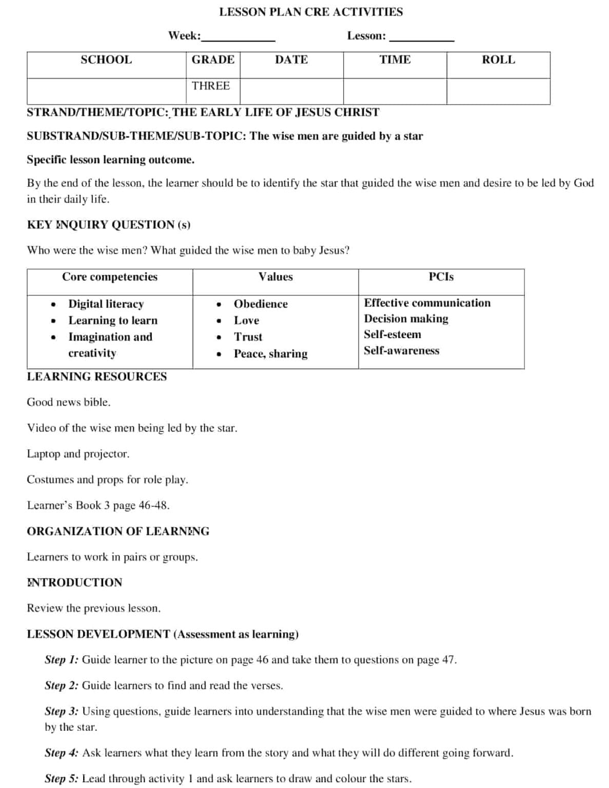 Grade 3 CRE The Early Life of Jesus Christ Lesson Plans - Elimplex