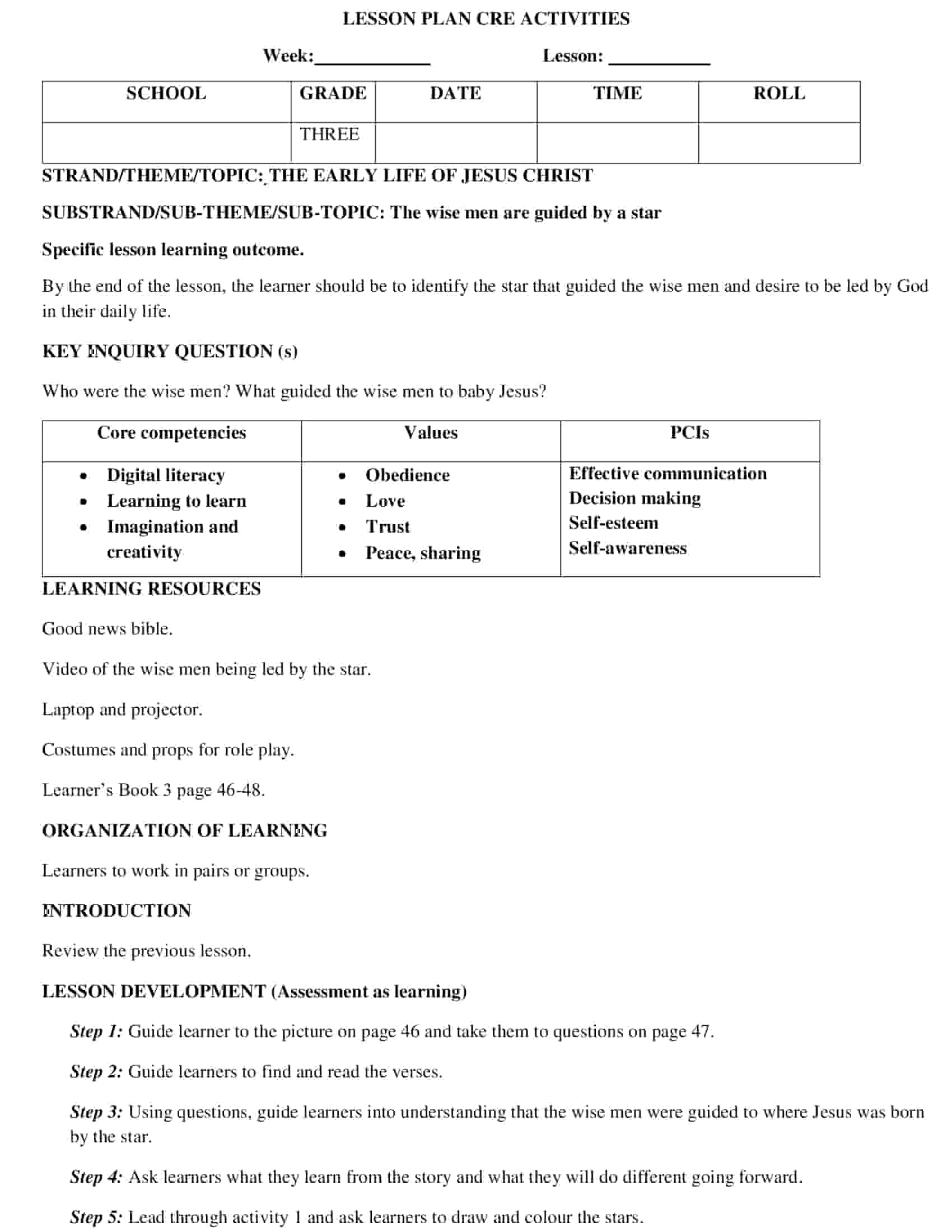 Grade 3 CRE The Early Life of Jesus Christ Lesson Plans - Elimplex