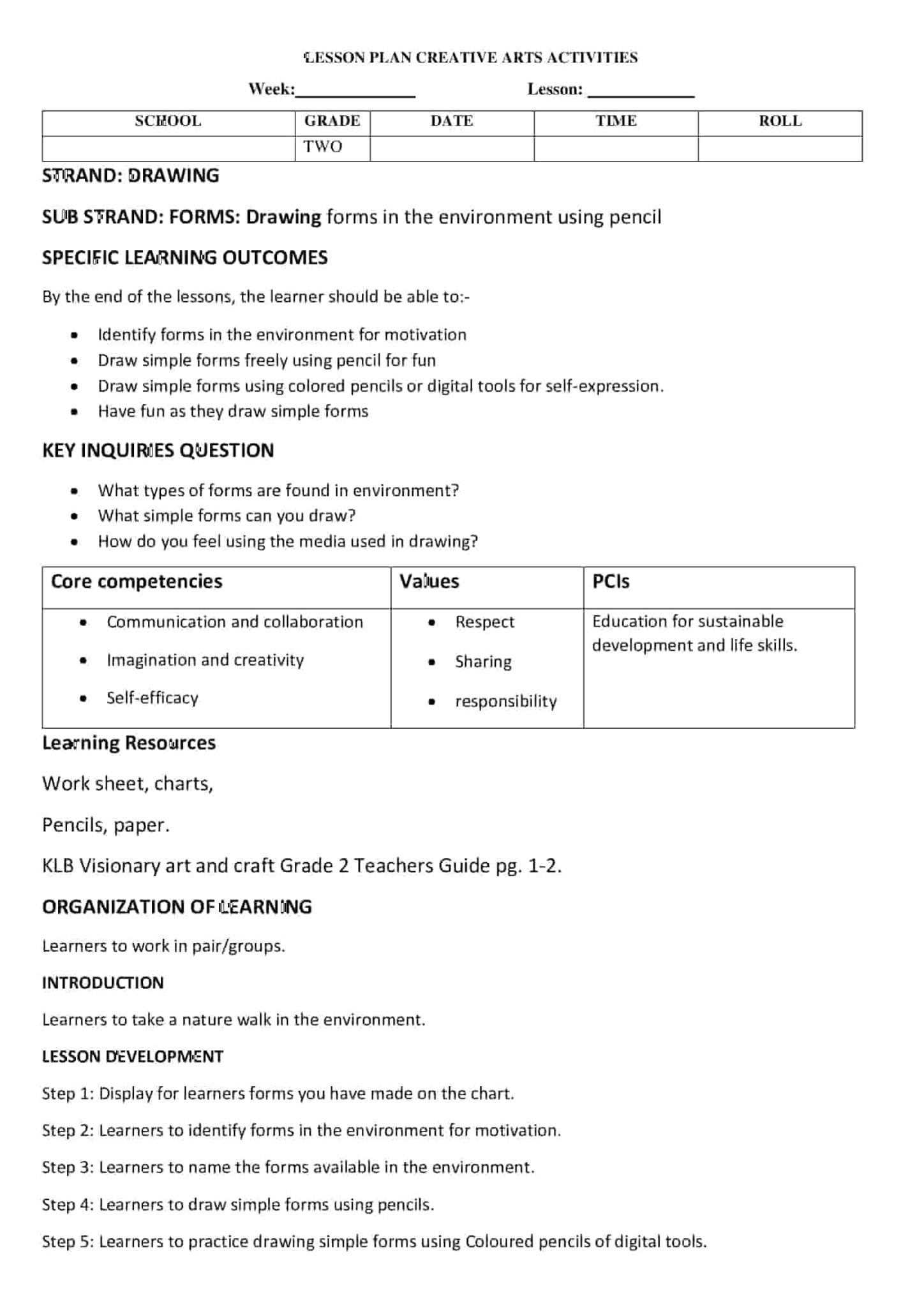 Grade 2 Art and Craft Drawing Lesson Plans - Elimuplex