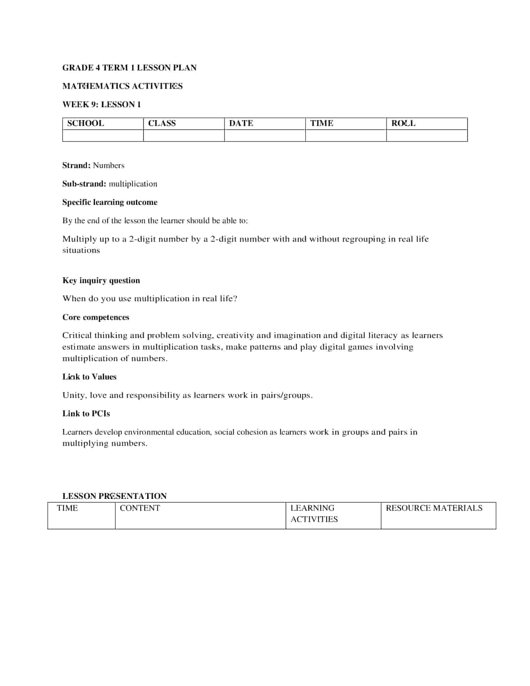 Grade 4 KLB Mathematics Lesson Plans Term 1 Week 9-11 - Elimplex