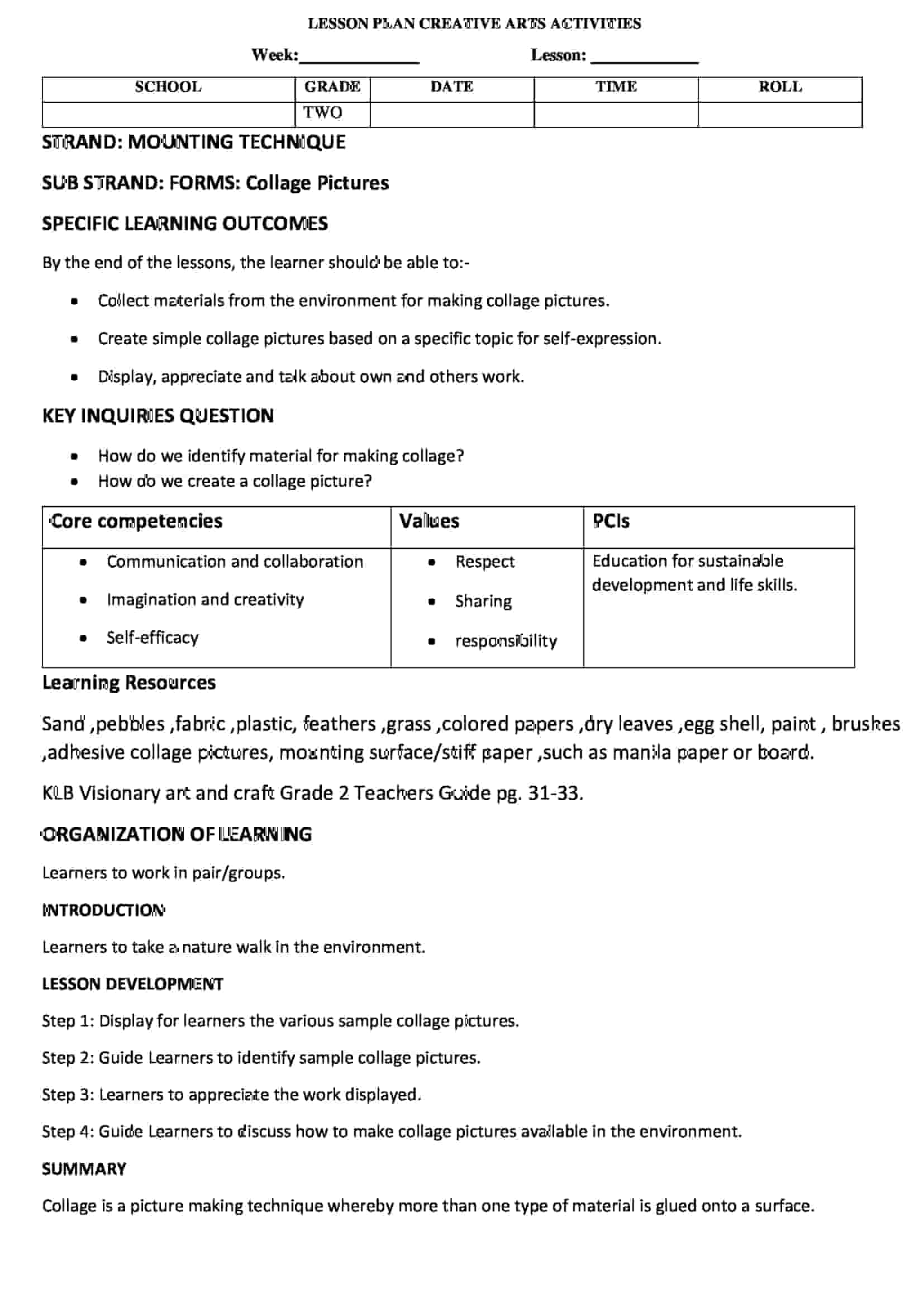 Grade 2 Art and Craft Mounting Technique Lesson Plans - Elimplex