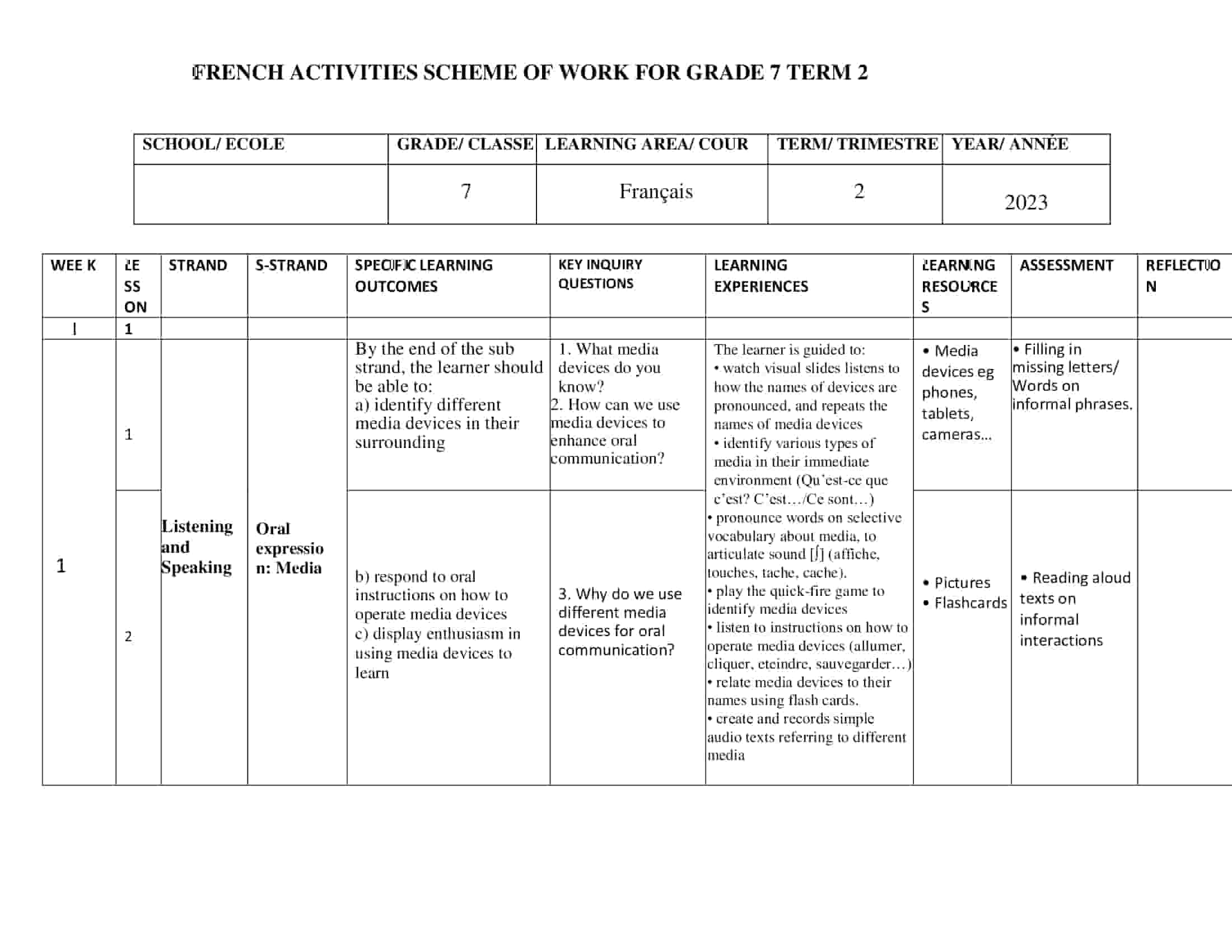 Grade 7 French Schemes of Work Term 2 - Elimplex