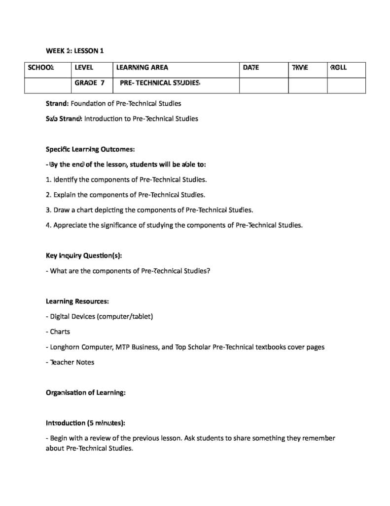 Grade 7 Rationalized Pre-Technical Studies Lesson Plans Term 1 - Elimplex