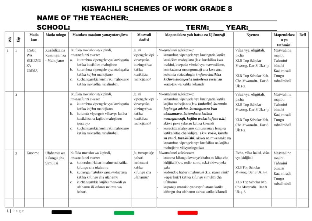 Grade 8 Kiswahili Schemes of Work Term 1 – KLB Top Scholar - Elimplex