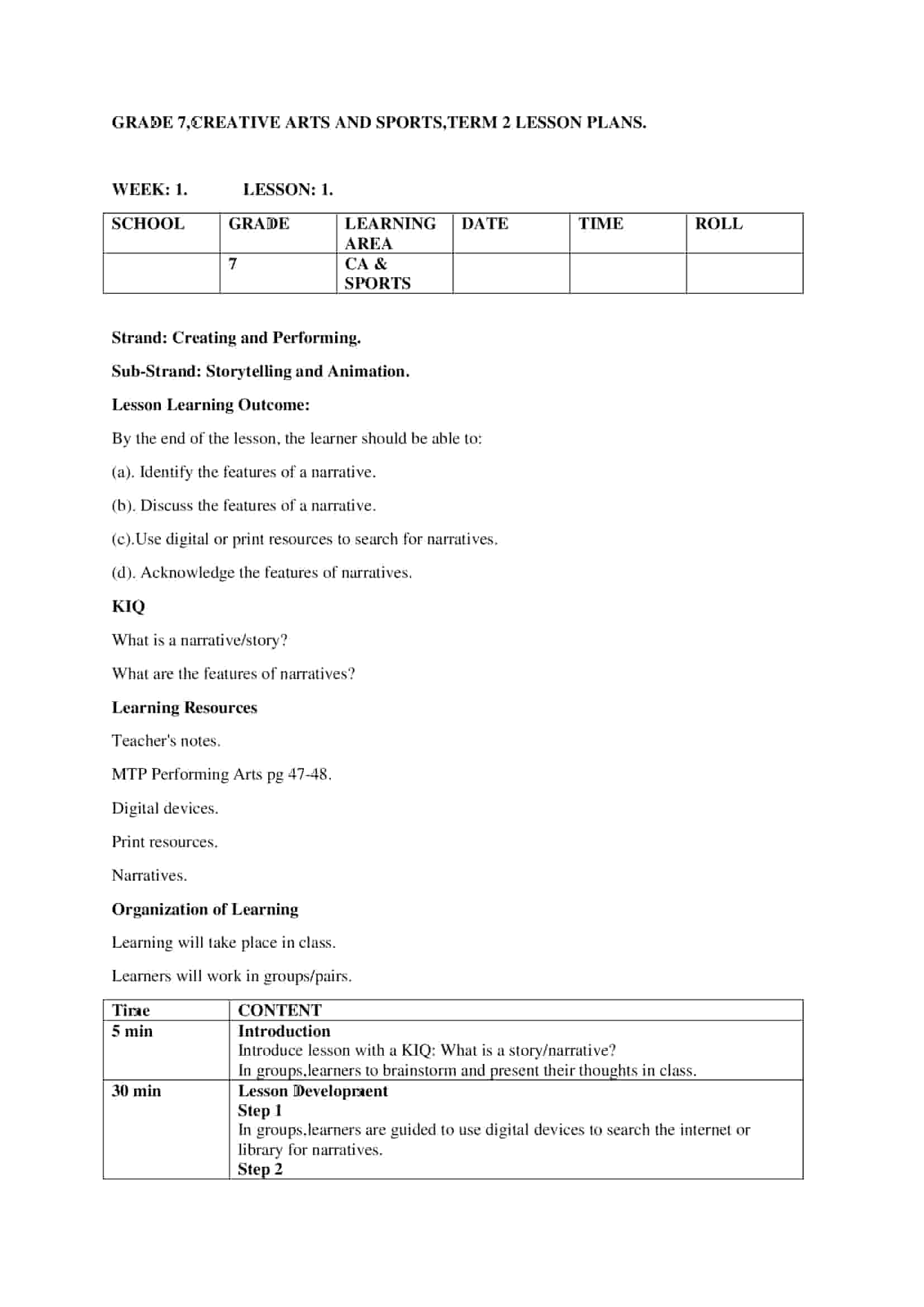 Grade 7 Rationalized Creative Arts and Sports Lesson Plans Term 2 ...