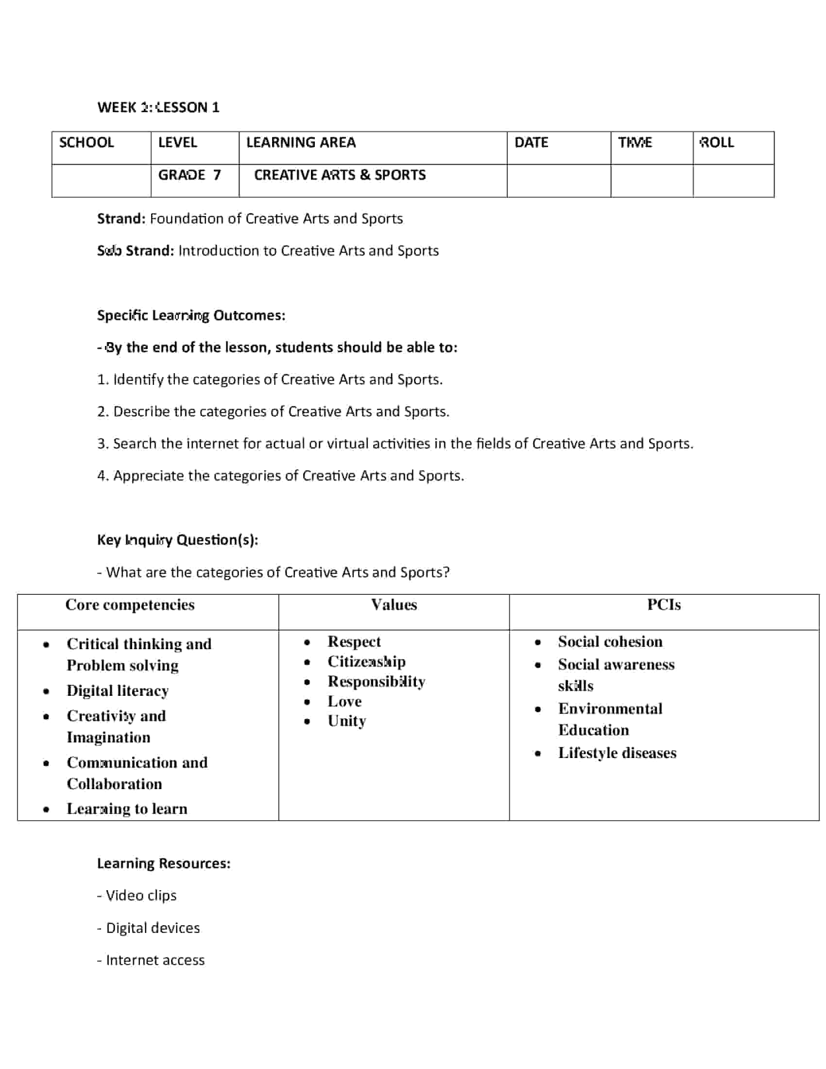 Grade 7 Rationalized Creative Arts and Sports Lesson Plans Term 1 ...