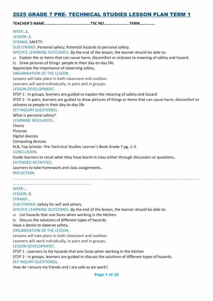 2025 Grade 7 Pre-Technical Studies Lesson Plans Term 1 - Elimplex