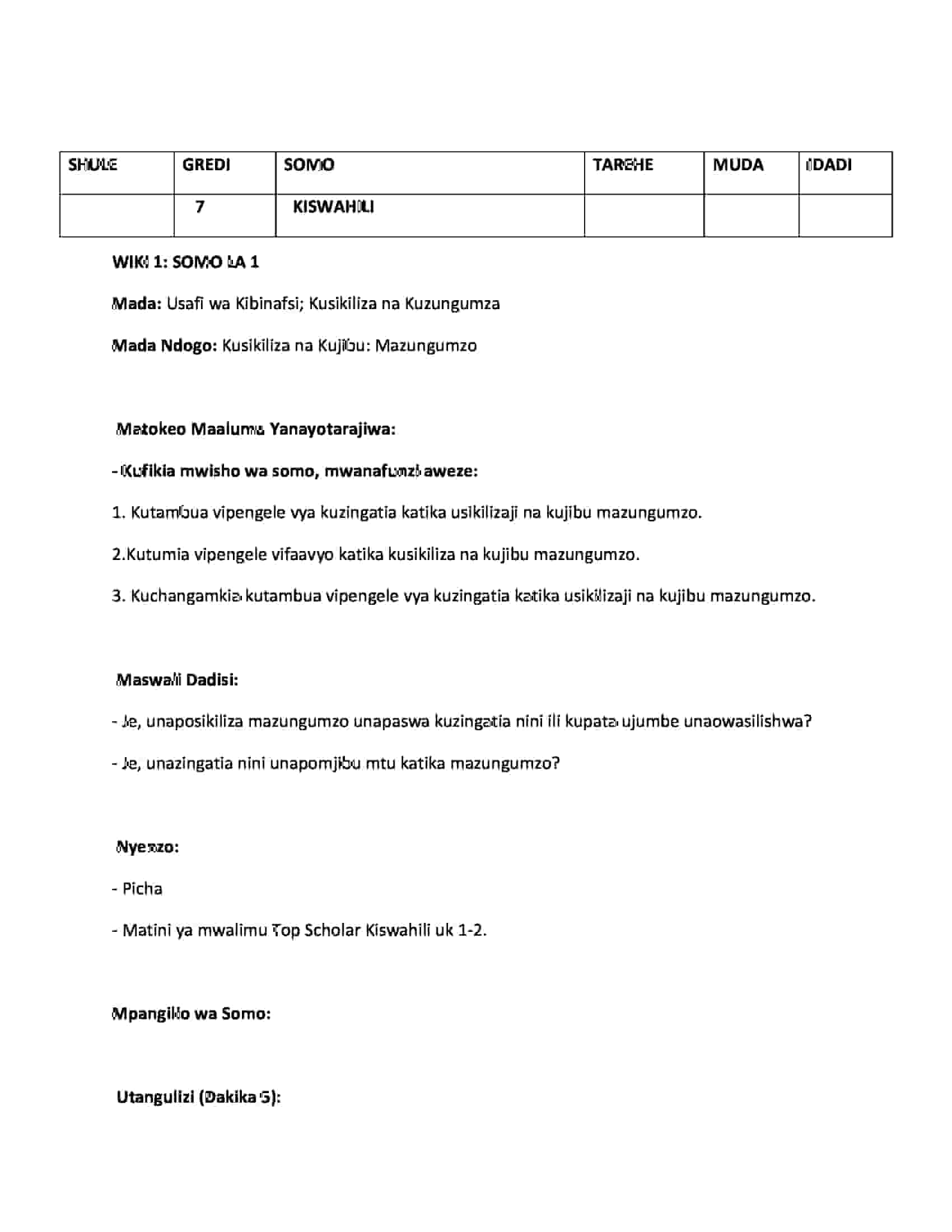 Grade 7 Rationalized Kiswahili Lesson Plans Term 1 - Elimplex