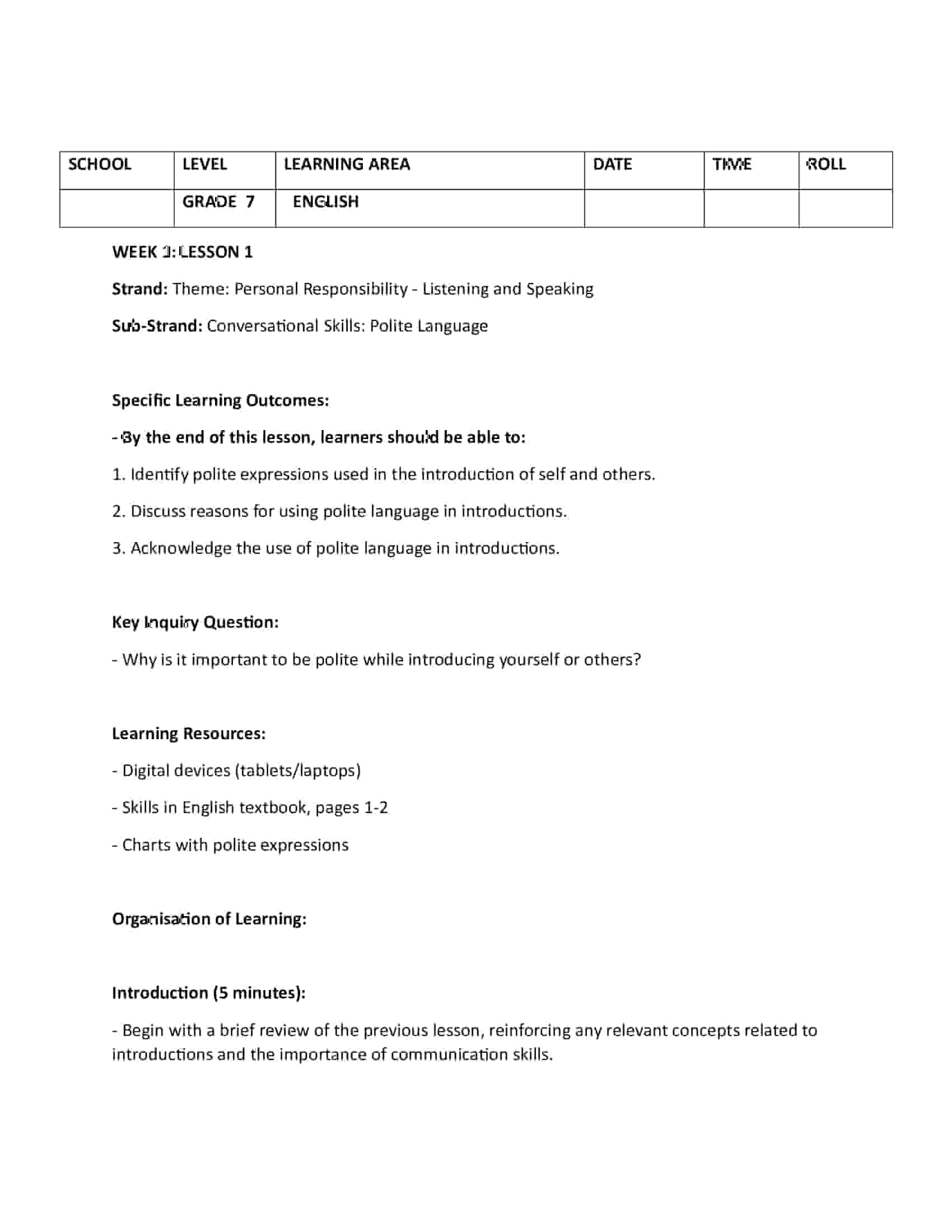 Grade 7 English Lesson Plans Term 1 - Elimplex