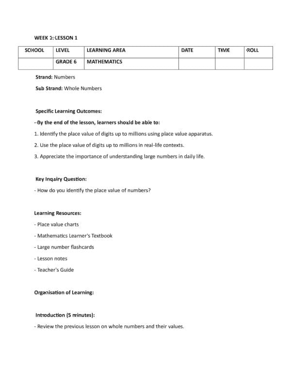 Grade 6 Rationalized Mathematics Lesson Plans Term 1 - Elimplex