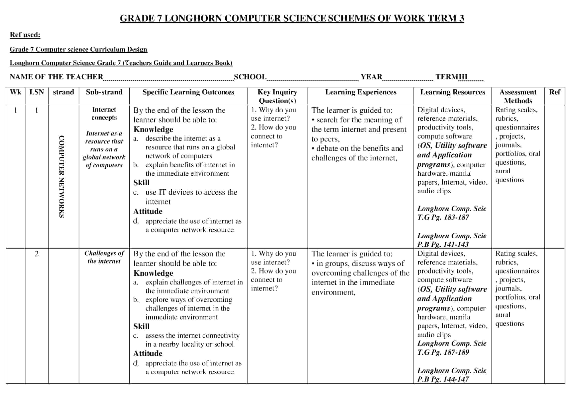Grade 7 Computer Science Schemes of Work Term 3 – Longhorn - Elimplex