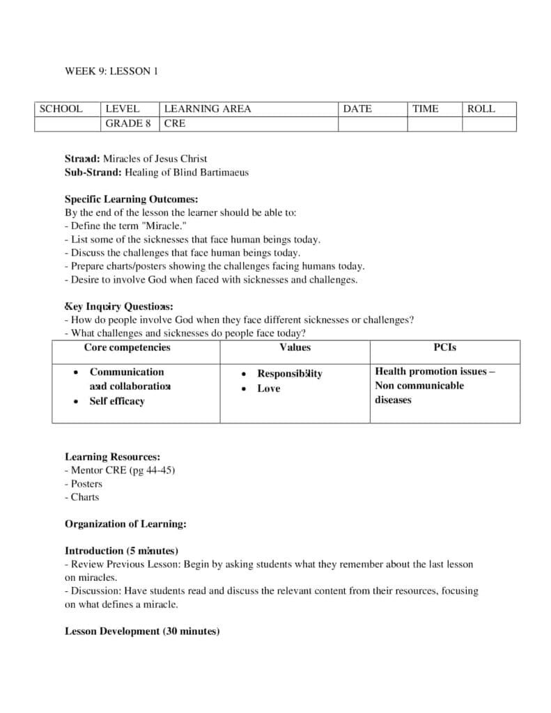 Grade 8 CRE Lesson Plans on Miracles of Jesus Christ - Elimplex
