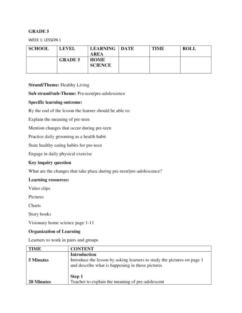 Grade 5 Home Science Lesson Plan Term 1 - Elimplex