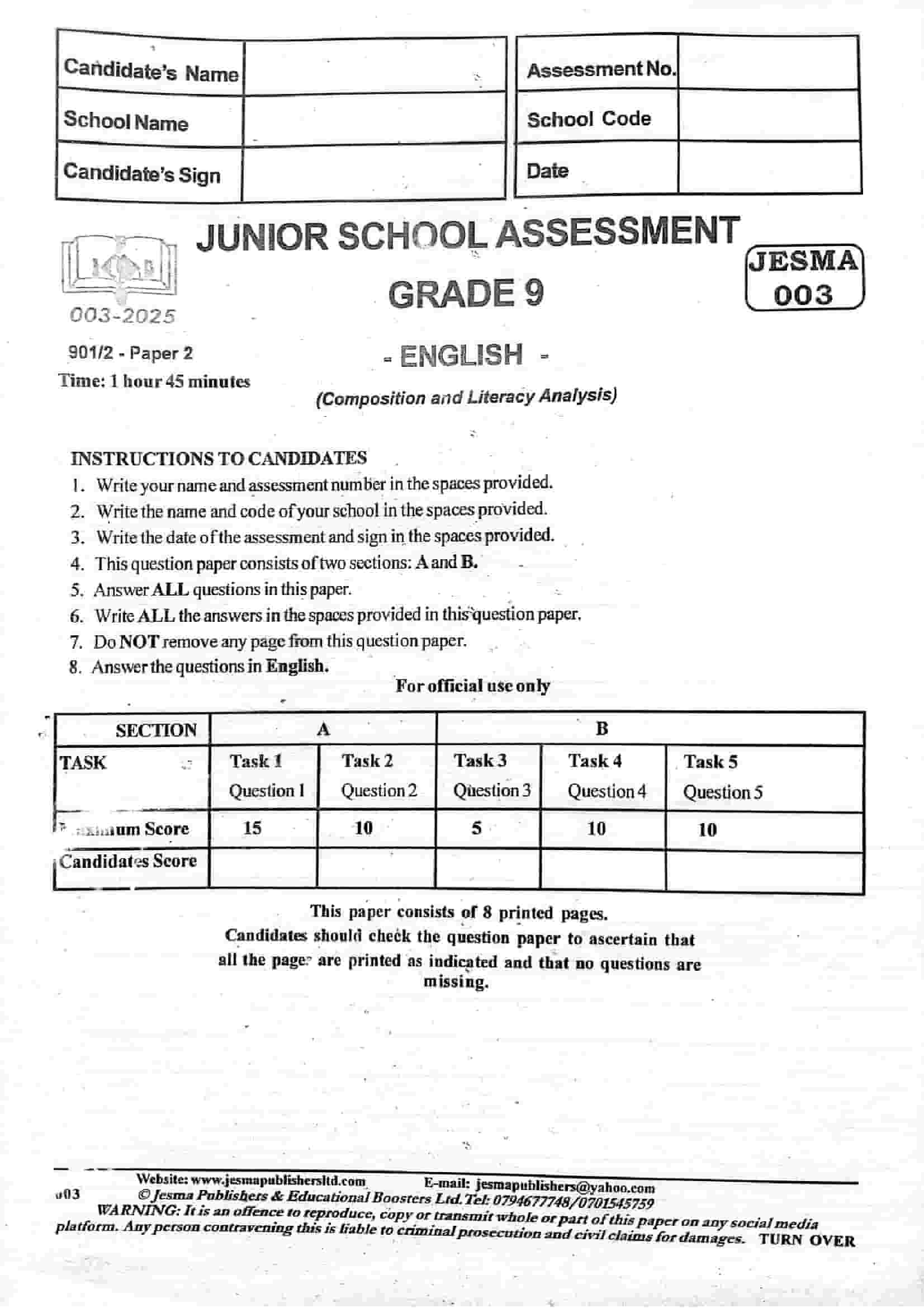Grade 9 English Paper 2 Exam Set 4 tests Composition and Literary ...