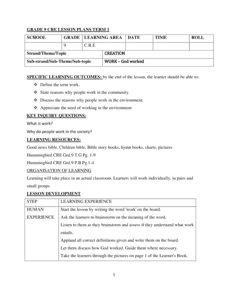 Grade 9 CRE Lesson Plans Term 1 – Hummingbird - Elimplex