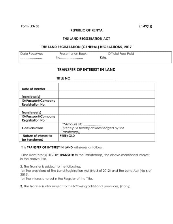 Land Transfer Form (Form LRA 33) - Elimplex