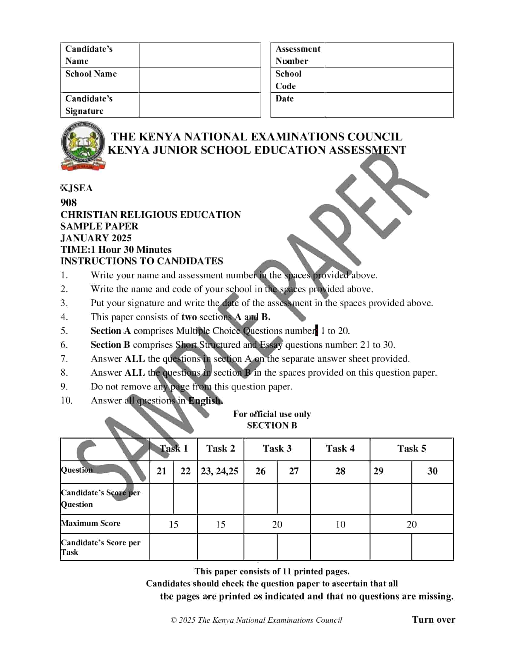 Grade 9 Christian Religious Education Sample Paper - Elimplex