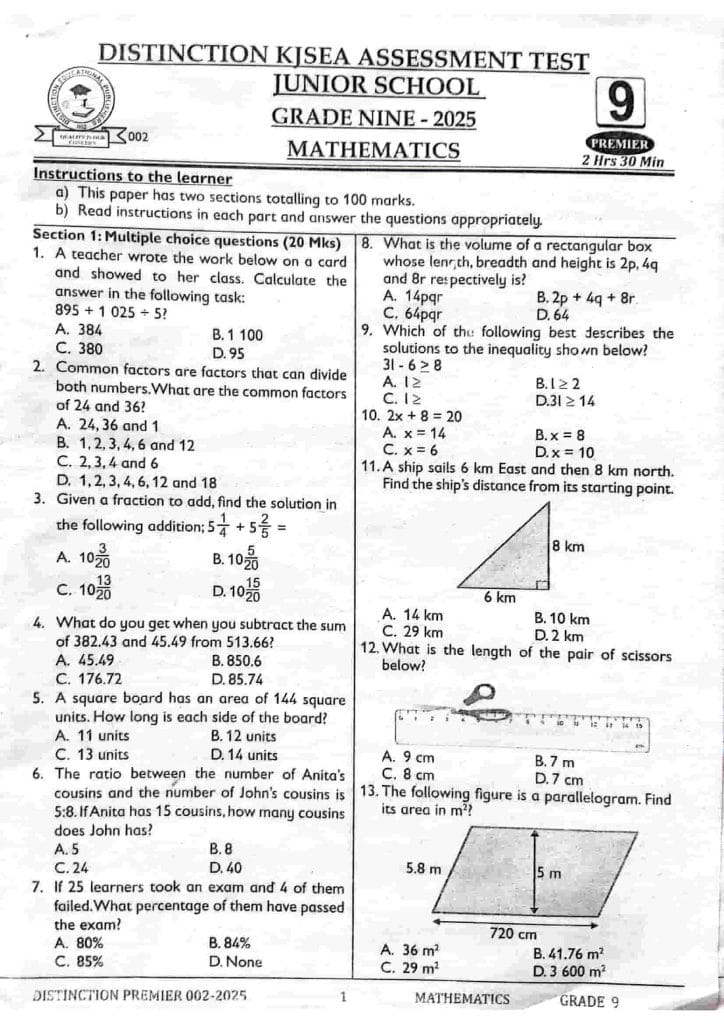 Grade 9 Mathematics Exam Set 6 - Elimplex
