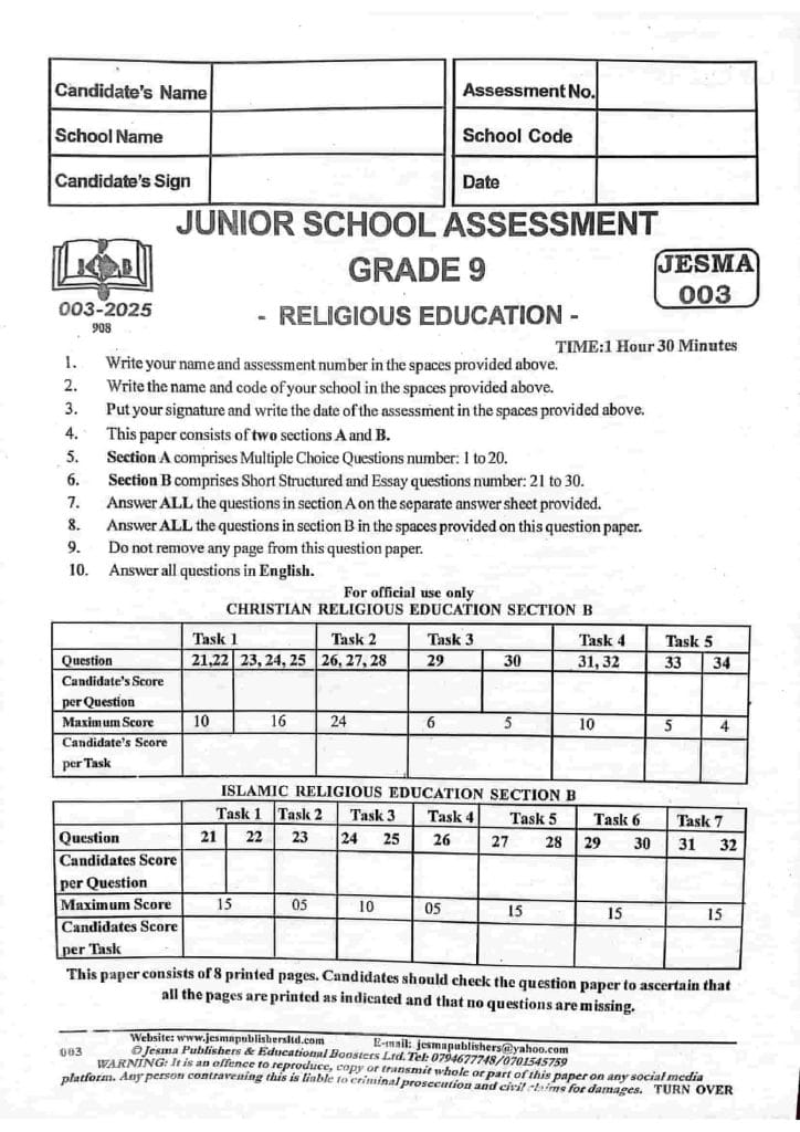 Grade 9 CRE Paper 1 Exam Set 4 - Elimplex