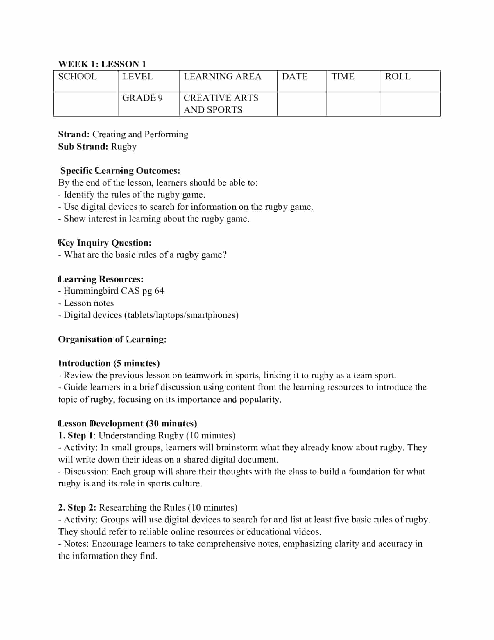 Grade 9 Rationalized Creative Arts and Sports Lesson Plans Term 2 ...