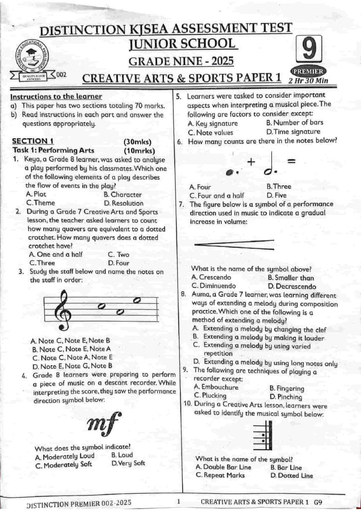 Grade 9 Creative Arts and Sports Paper 1 Exam Set 6 - Elimplex