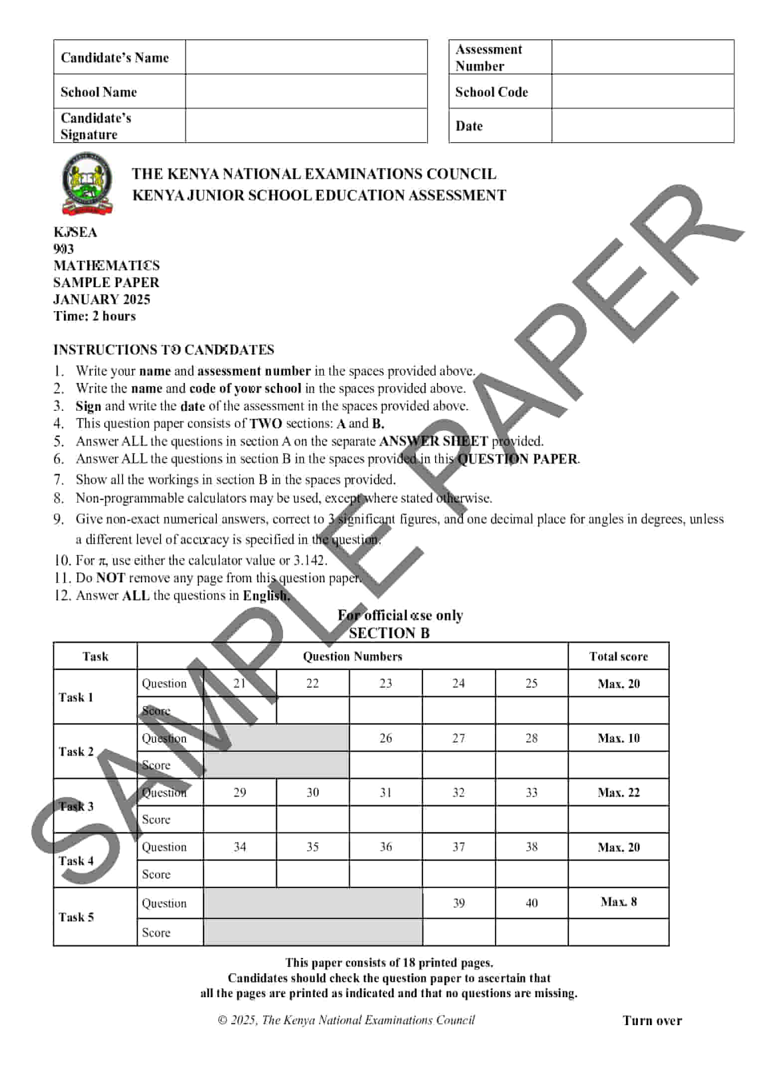 Grade 9 Mathematics Sample Paper - Elimplex