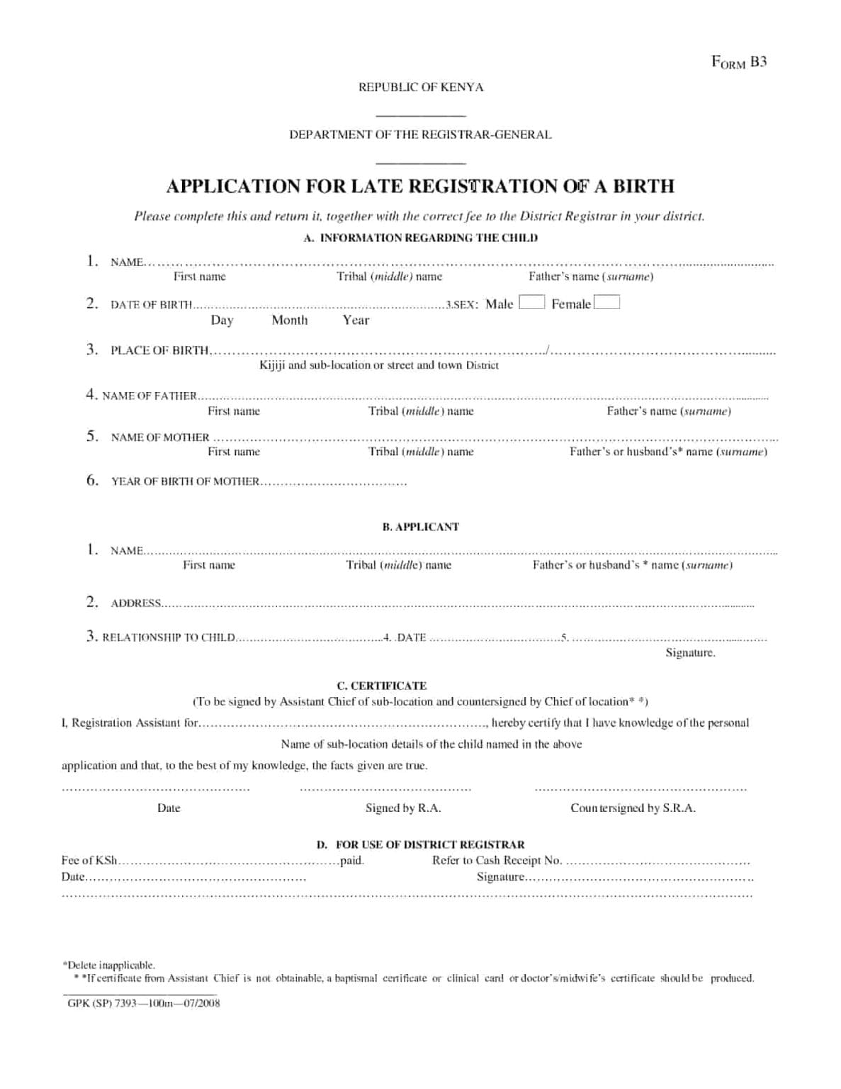 B3 Form Late Birth Application - Elimplex