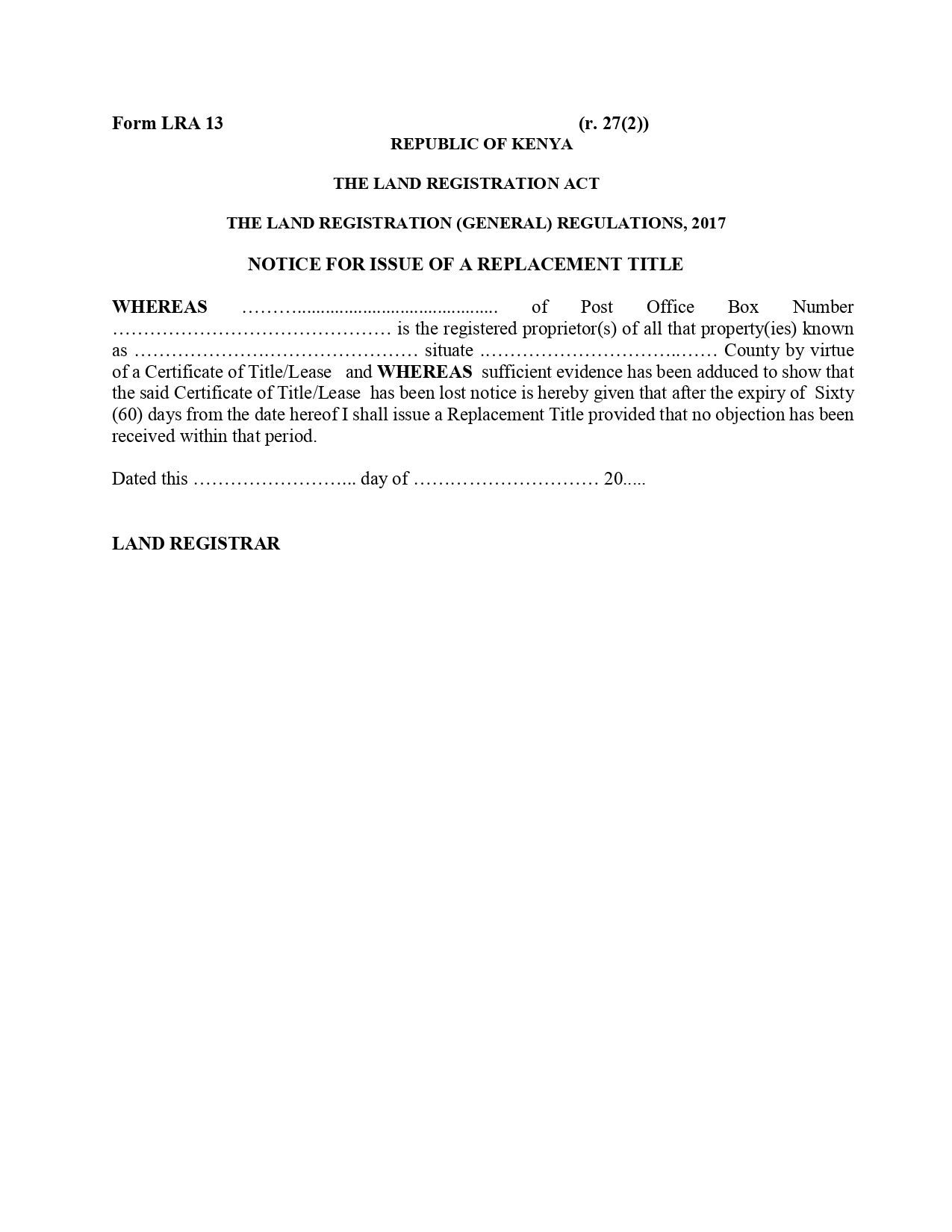 Form LRA 13 – Notice for Issue of a Replacement Title - Elimplex