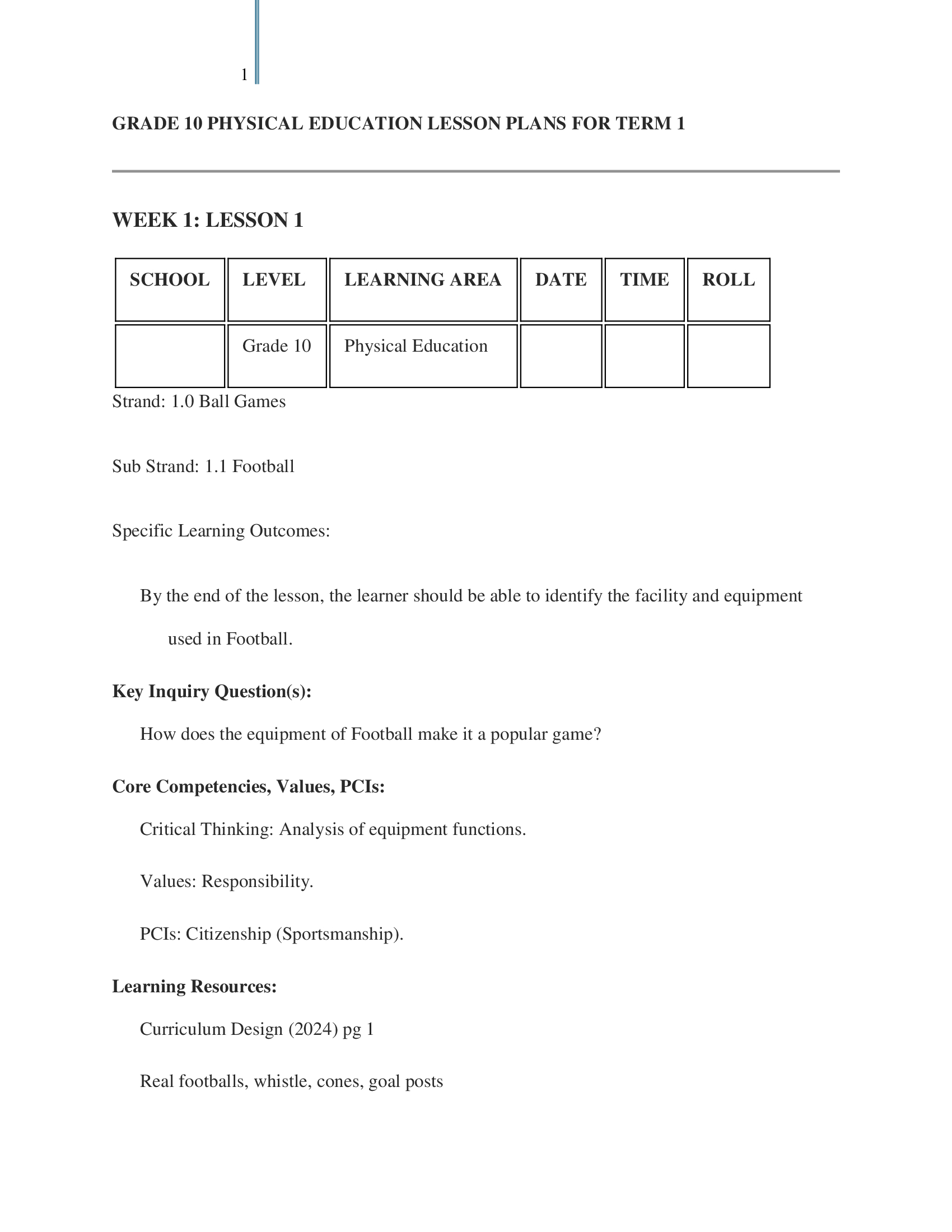 Grade 10 Physical Education Lesson Plans Term 1 - Elimplex