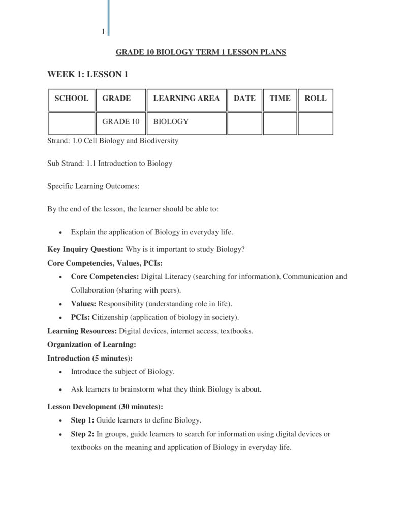 Grade 10 Biology Lesson Plans Term 1 - Elimplex