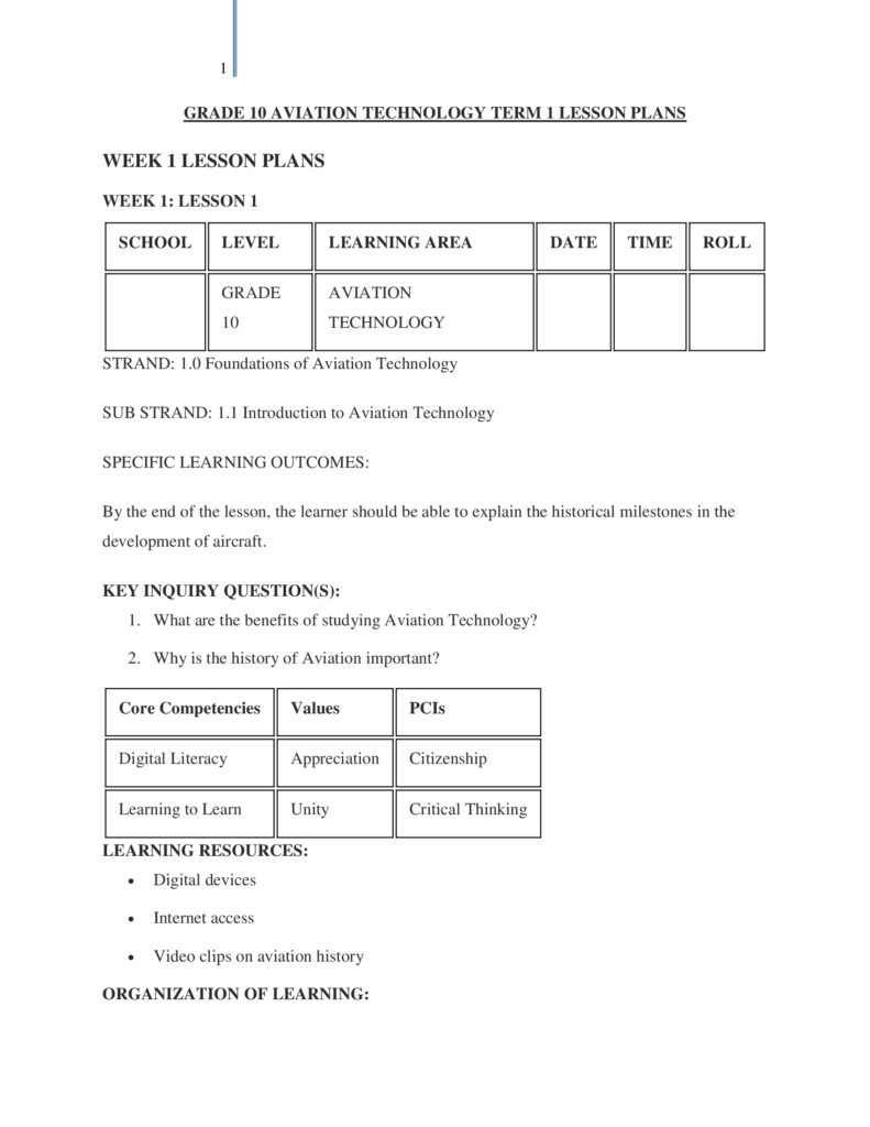Grade 10 Aviation Technology Lesson Plans Term 1 - Elimplex