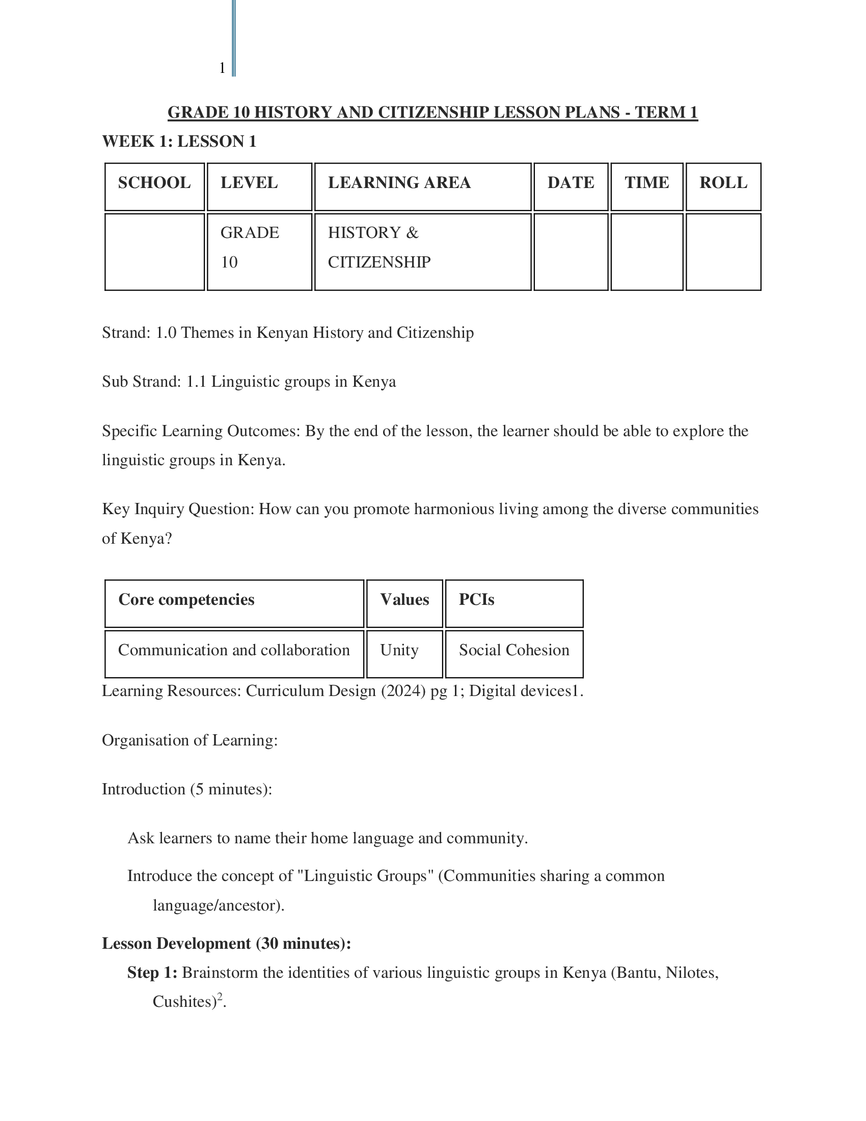 Grade 10 History and Citizenship Lesson Plans Term 1 - Elimplex