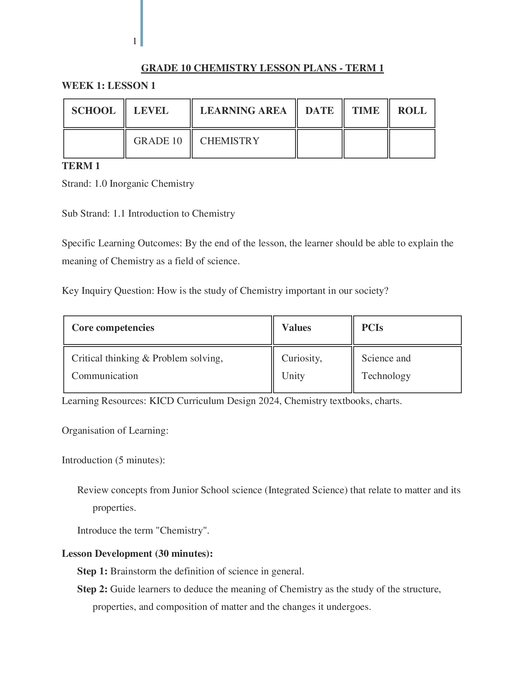 Grade 10 Chemistry Lesson Plans Term 1 - Elimplex