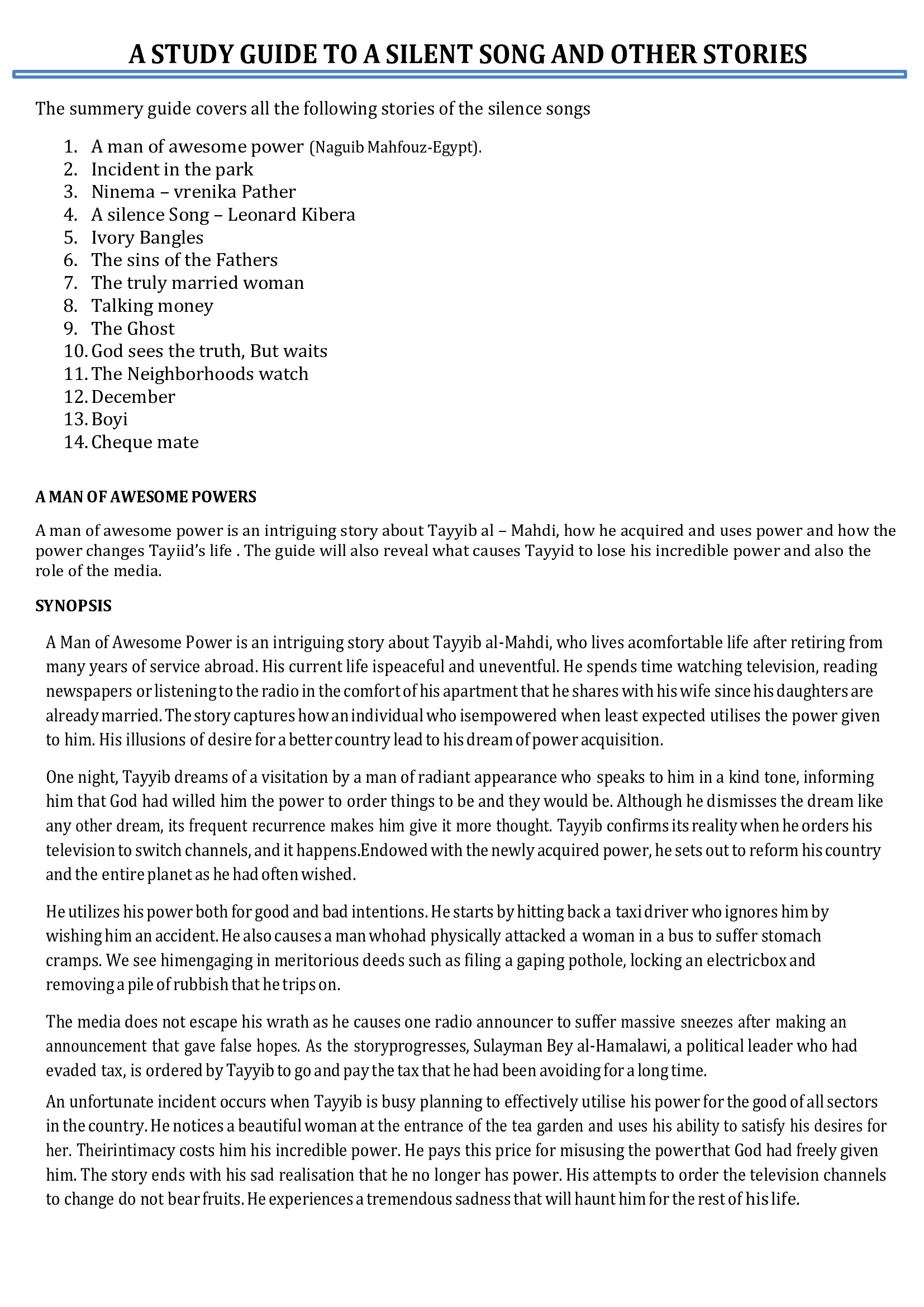 Silent Song and Other Short Stories – Summary Notes - Elimplex